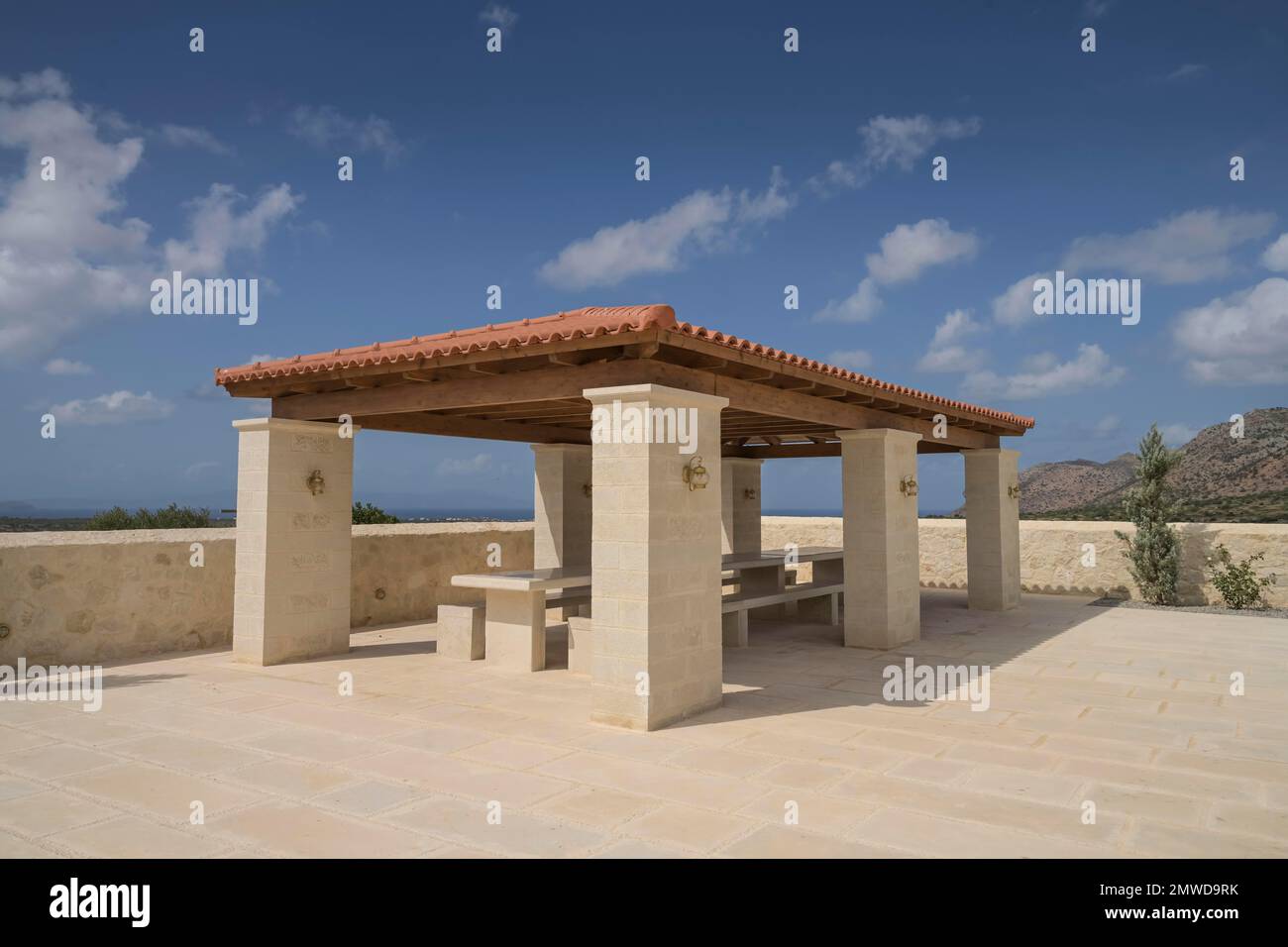 Rest area, table at the New Chapel at Agia Triada Monastery, Crete ...