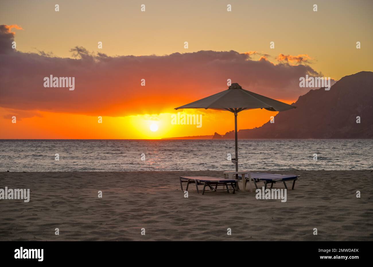 Sunset, sandy beach, Plakias, south coast, Crete, Greece Stock Photo ...