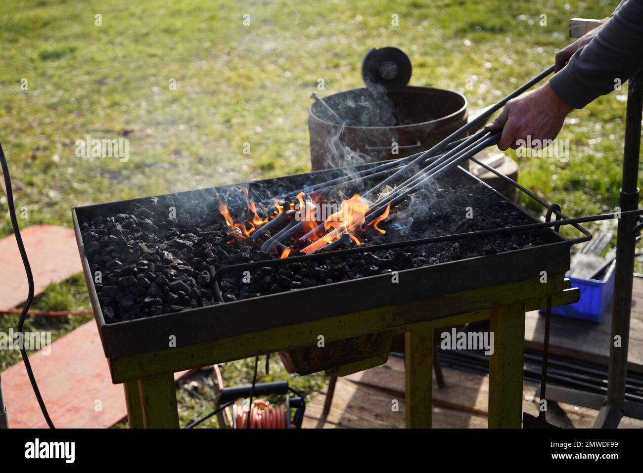 A blacksmith shaping a piece of iron, warming it on the fired coal ...