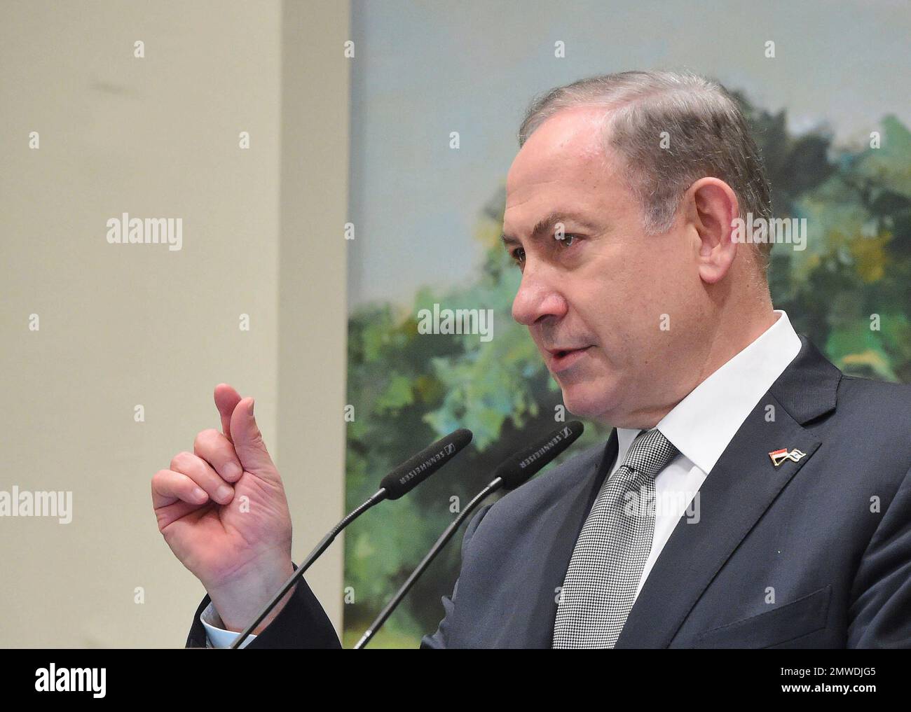 Israeli Prime Minister Benjamin Netanyahu gestures as he speaks during ...