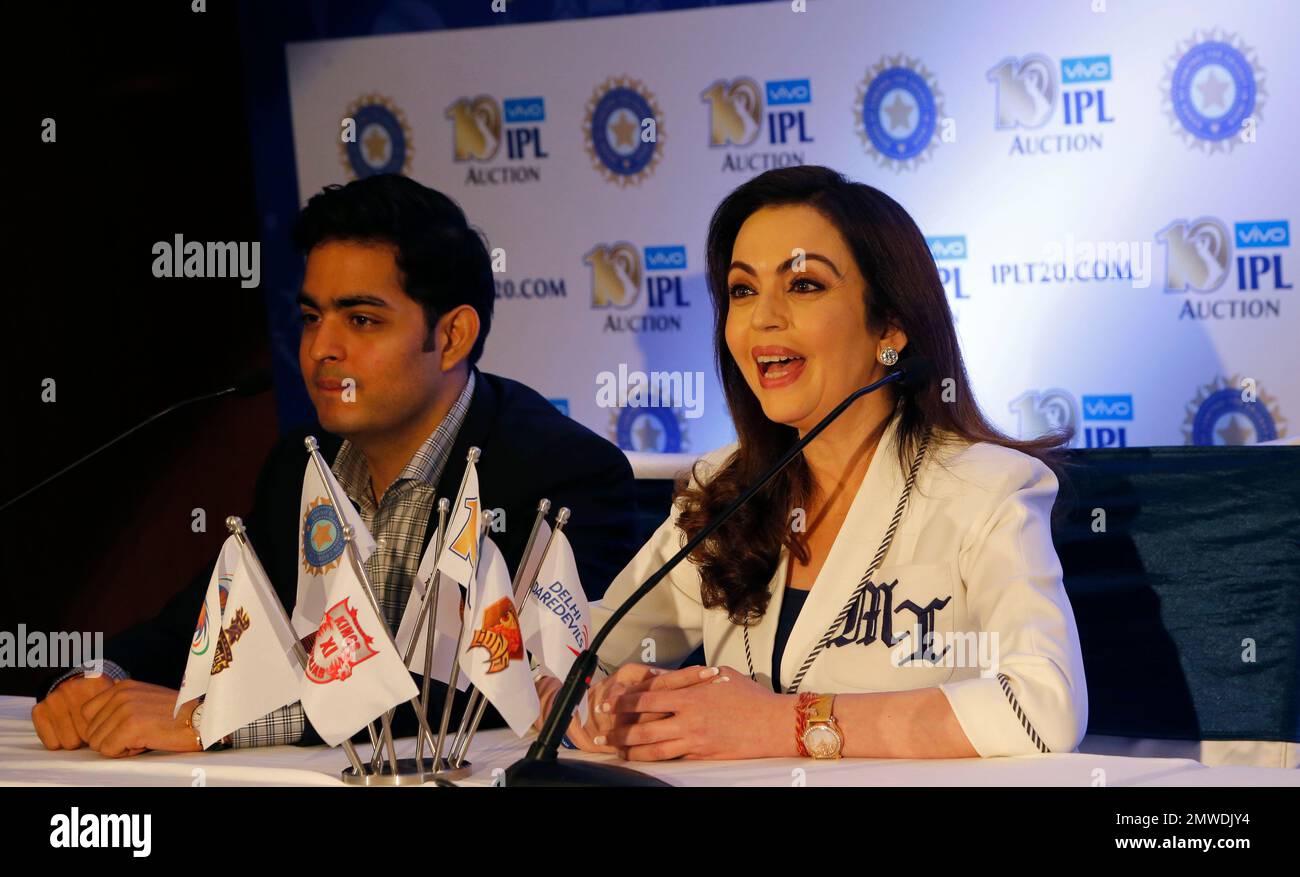 Mumbai Indians team owner Nita Ambani, right, and her son Akash Ambani ...