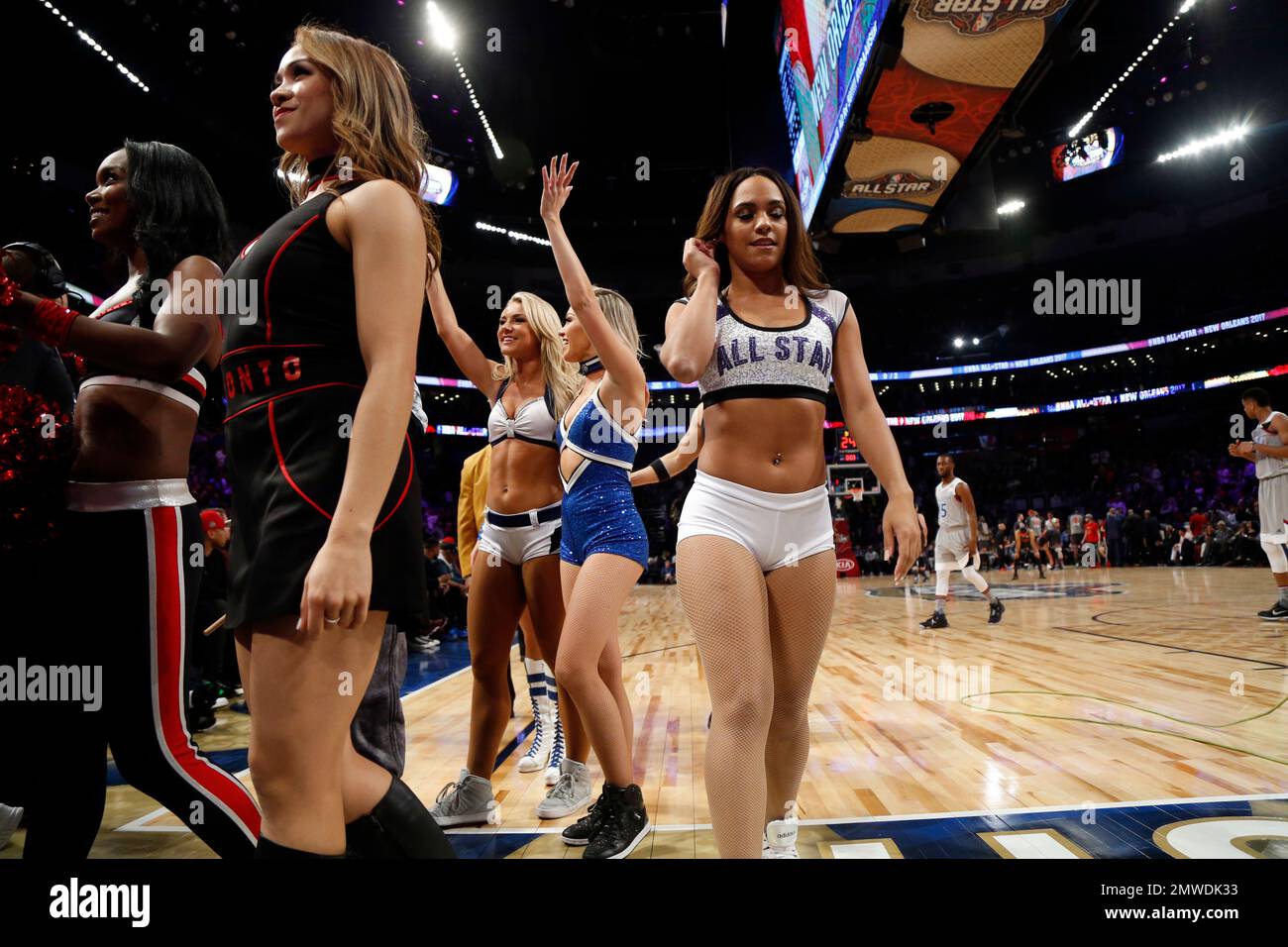 NBA cheerleaders walk off the court during the second half of the NBA All-Star basketball game ...