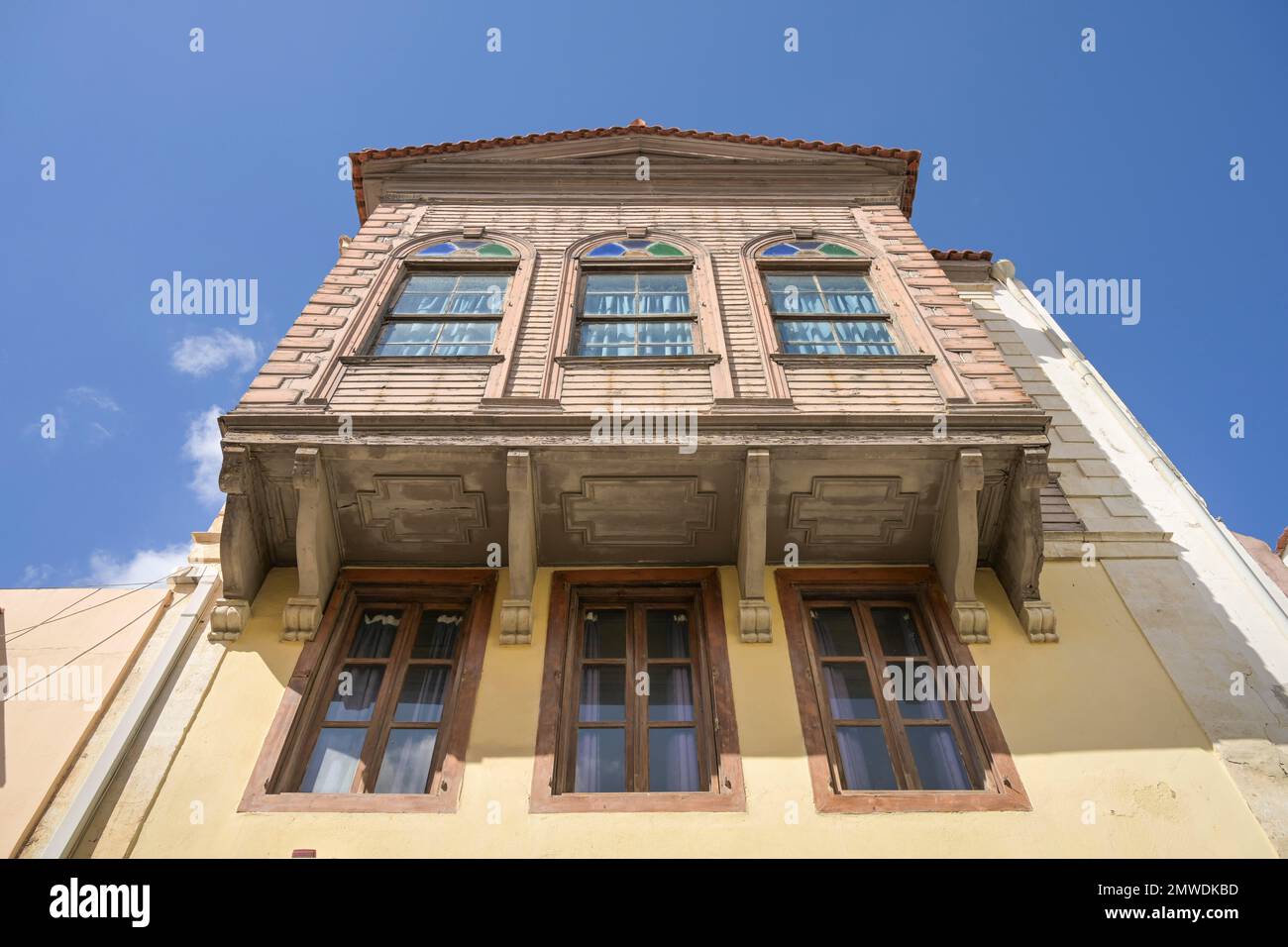 Turkish wooden balcony, Old Town, Rethymno, Crete, Greece Stock Photo ...