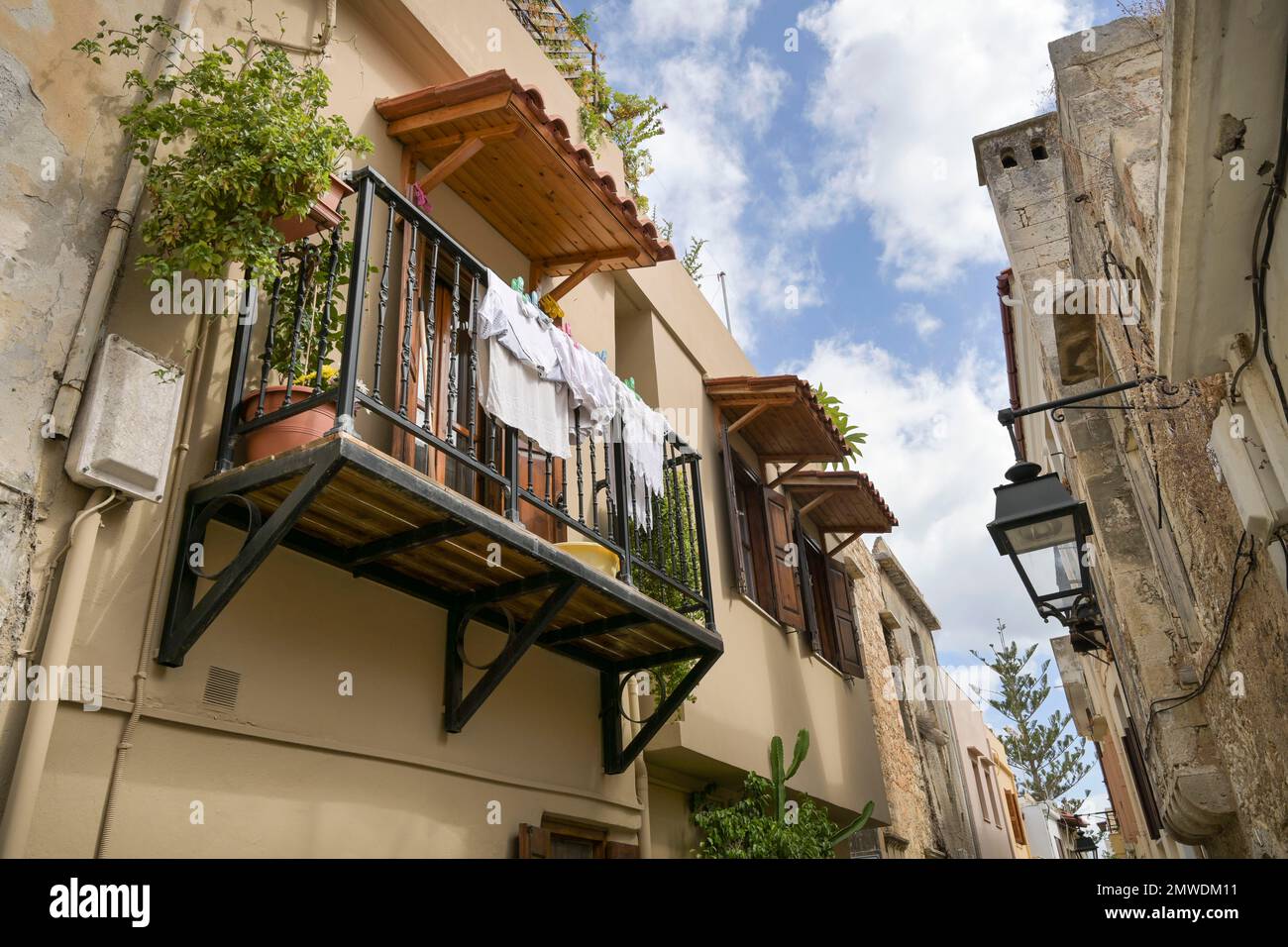 Balconies, Old buildings, Alley, Old town, Rethymno, Crete, Greece ...