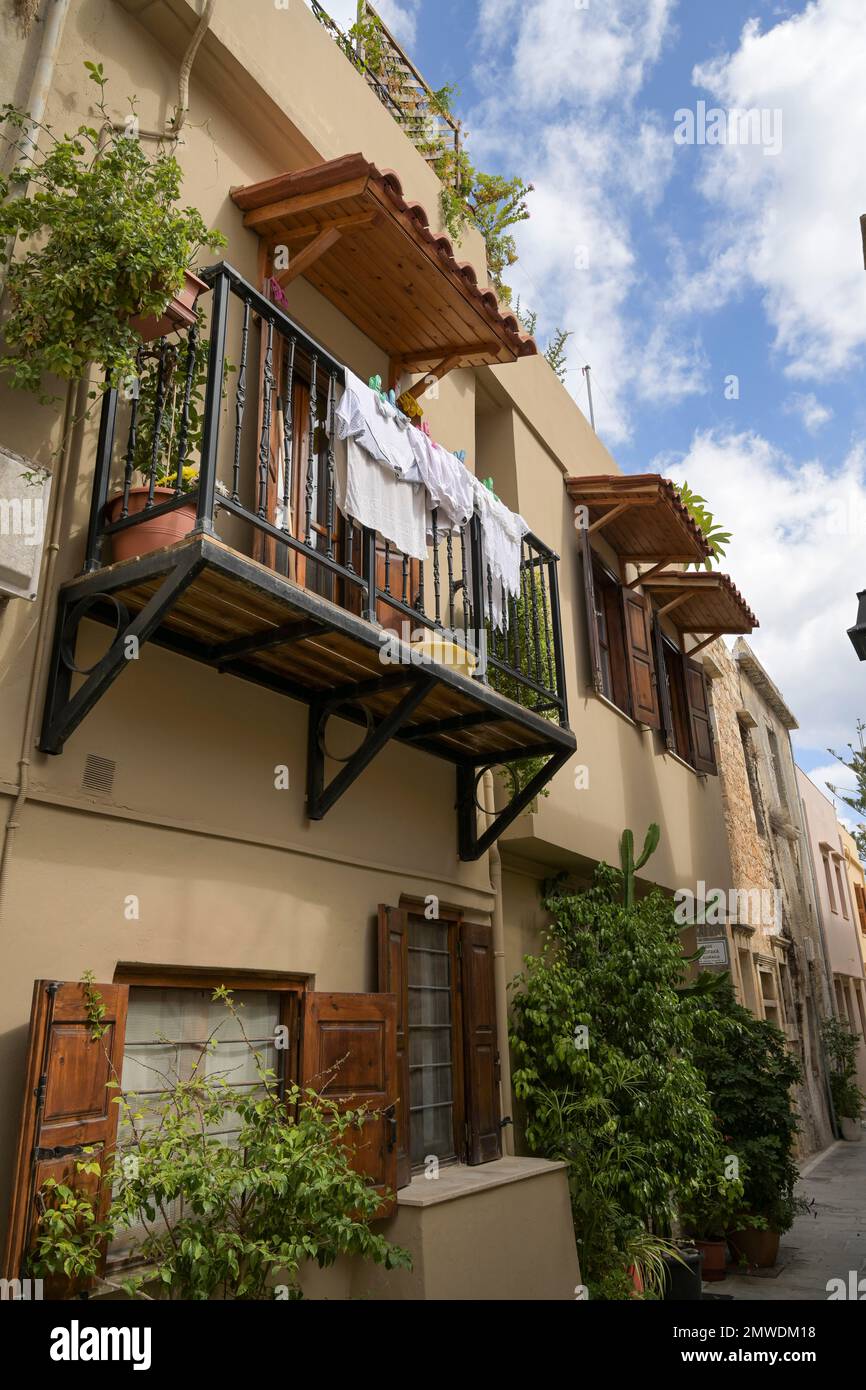 Balconies, Old buildings, Alley, Old town, Rethymno, Crete, Greece ...
