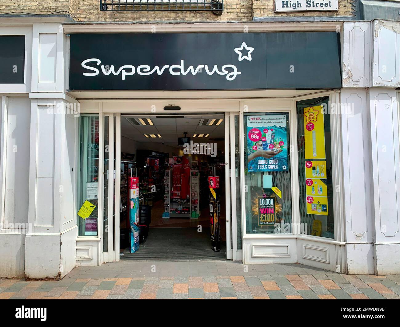 The facade of the Superdrug store in Chelmsford High Street, Essex, UK ...