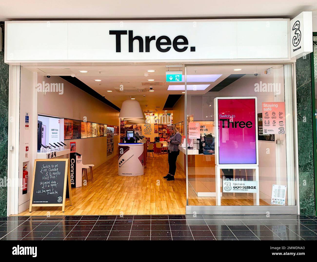 The facade of the Three telecommunications and mobile network retail ...