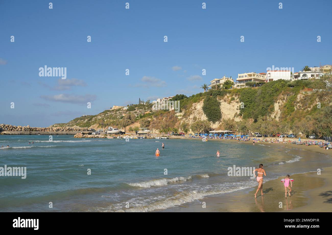 Sandy beach beach Almyrida Bay, North coast, Crete, Greece Stock Photo ...