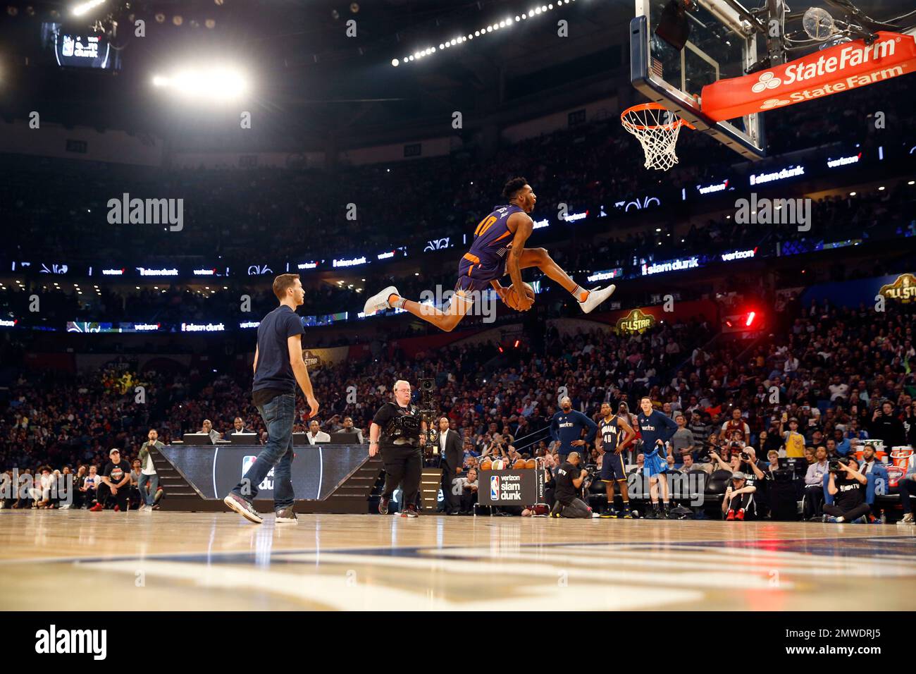 Phoenix Suns' Derrick Jones Jr. participates in the slam dunk contest ...