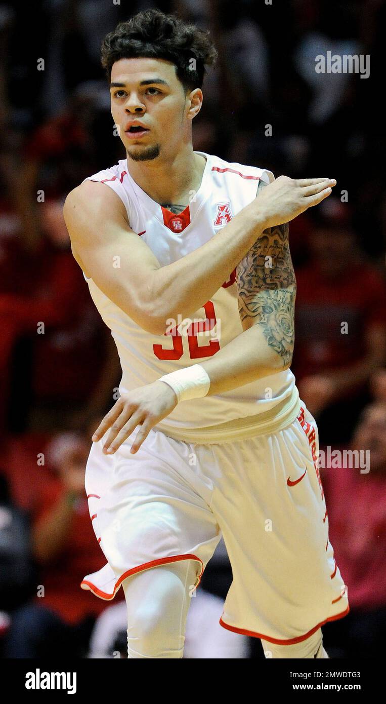 Houston guard Rob Gray Jr. reacts after making a 3-point basket during ...