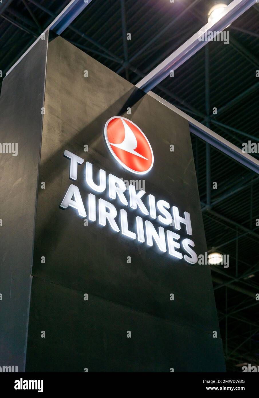 New York, NY - USA - Jan 28, 2023 View of the booth signage for the ...