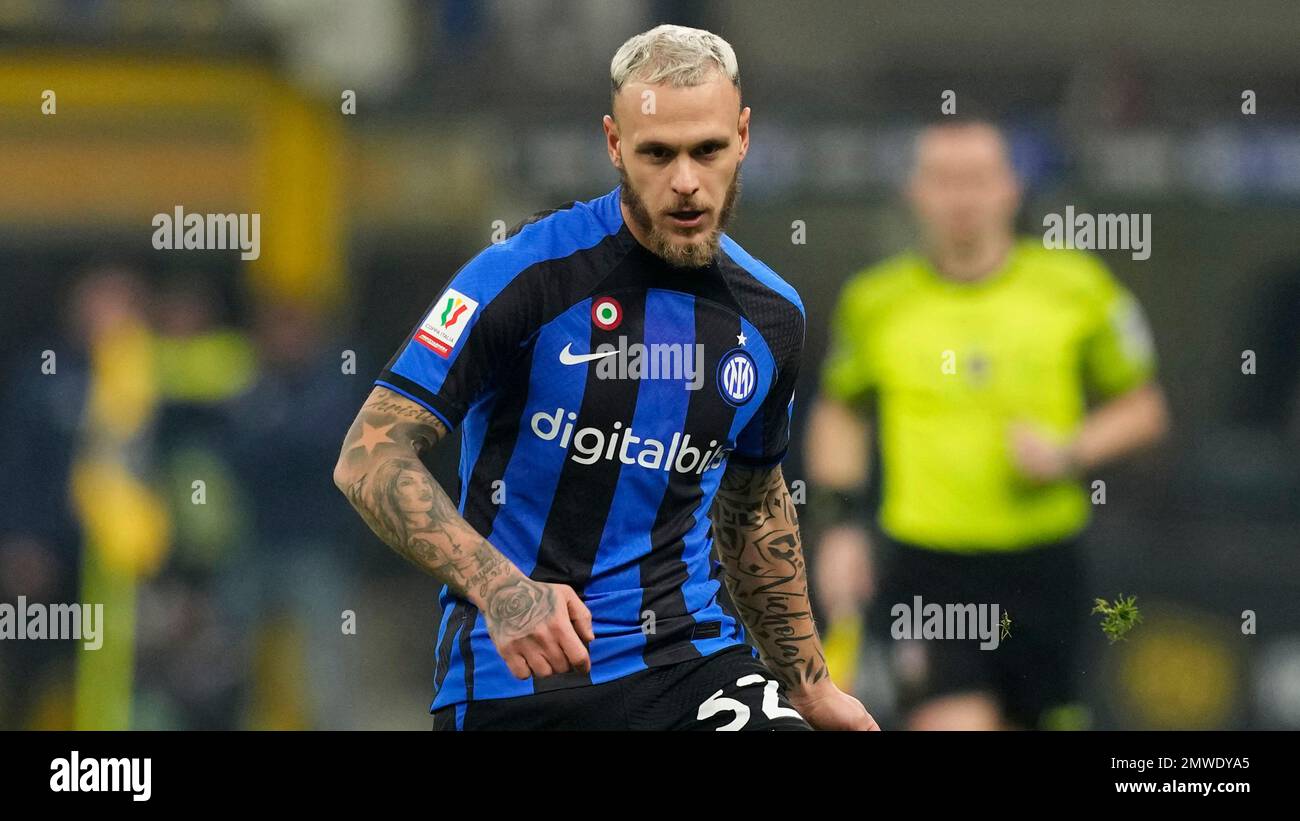 Inter Milan's Federico Dimarco controls the ball during the Italian Cup round of 8 soccer match ...