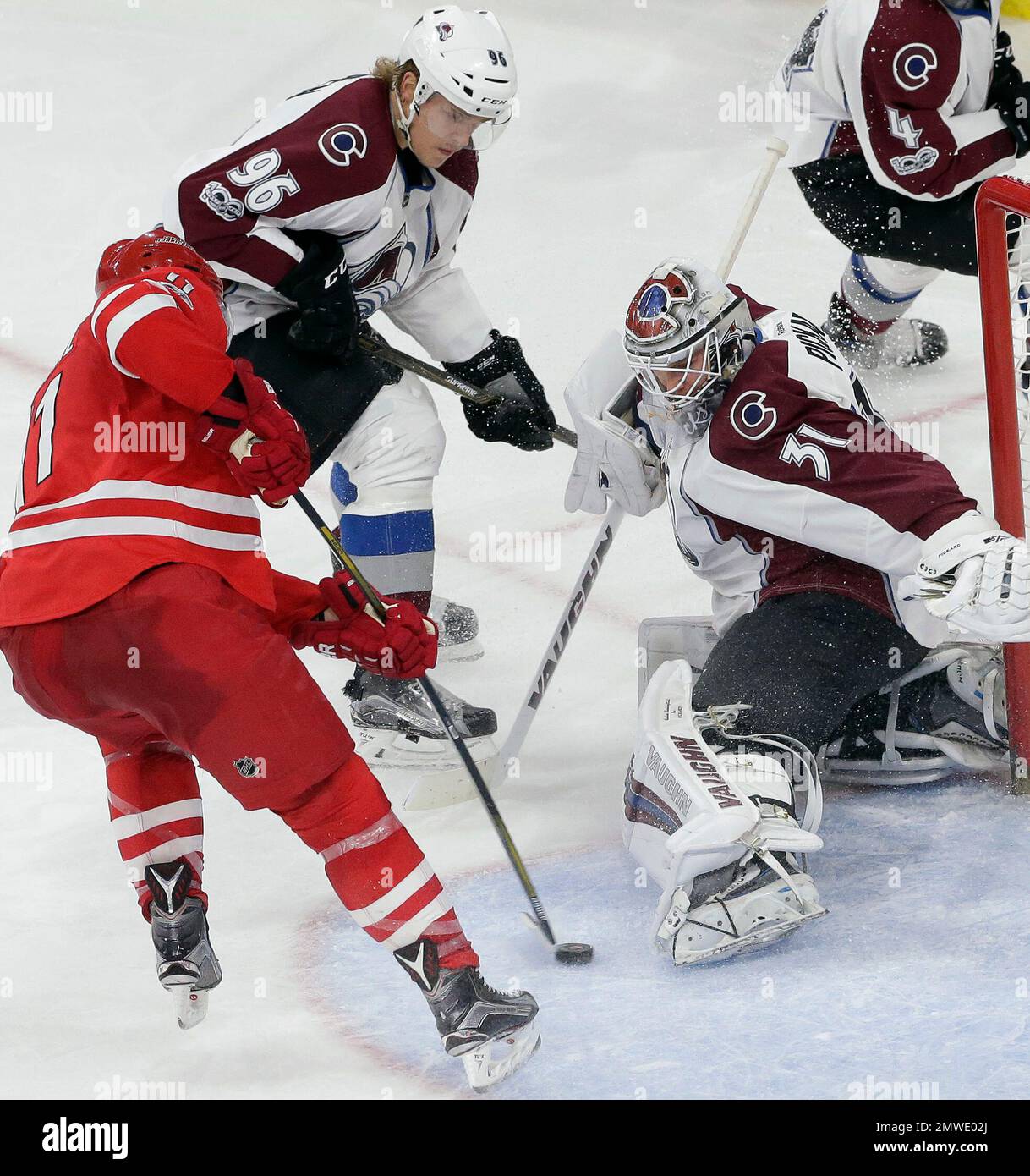 Carolina Hurricanes' Jordan Staal is blocked by Colorado Avalanche ...