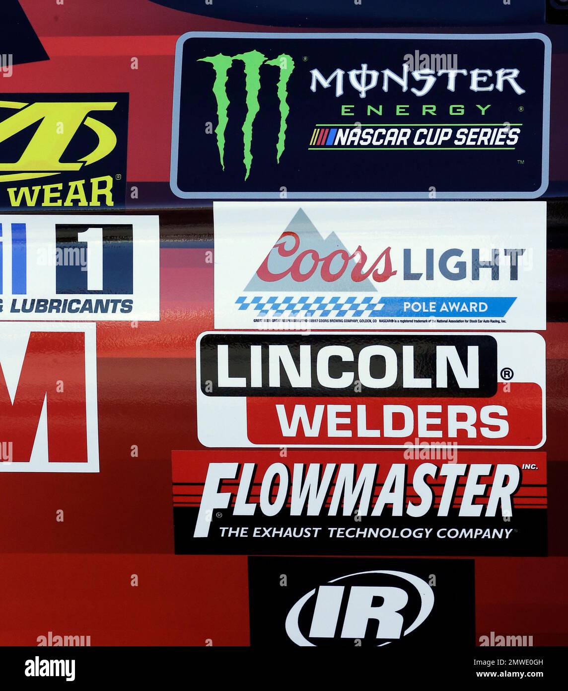 A decal with the new NASCAR cup series sponsor Monster Energy drink is ...