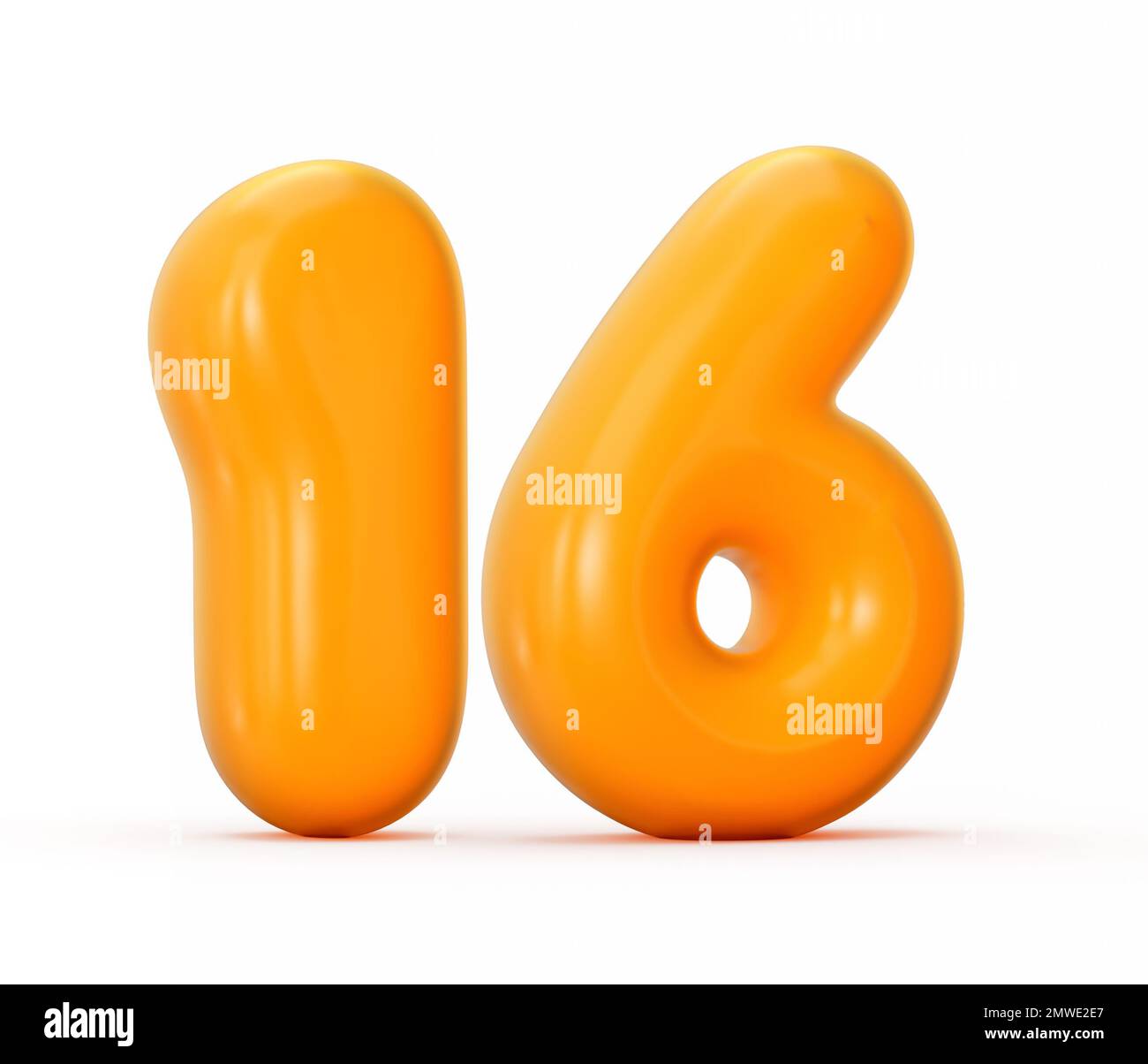A 3D illustration of a Glossy orange jelly number 16 isolated on a ...