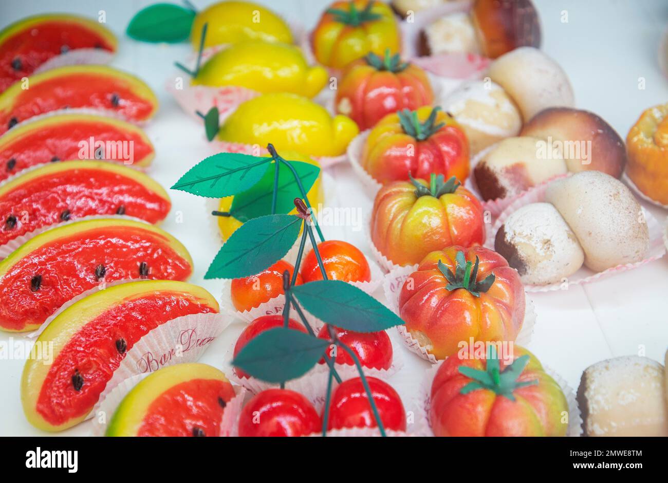 Frutta Martorana, traditional marzipan sweets, Cefalu, Sicily, Italy ...