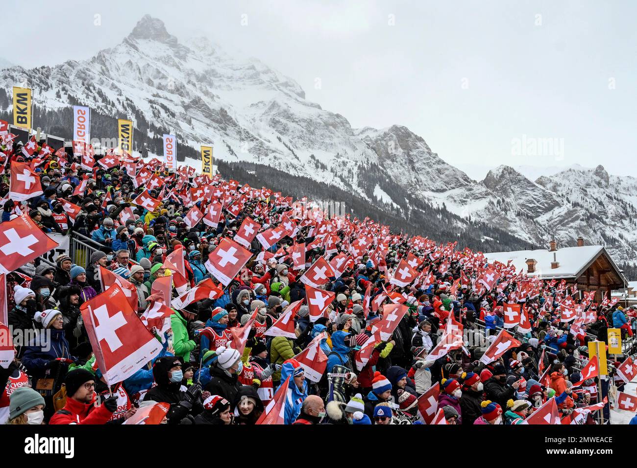 Swiss fans with flags, Adelboden, Switzerland Stock Photo - Alamy