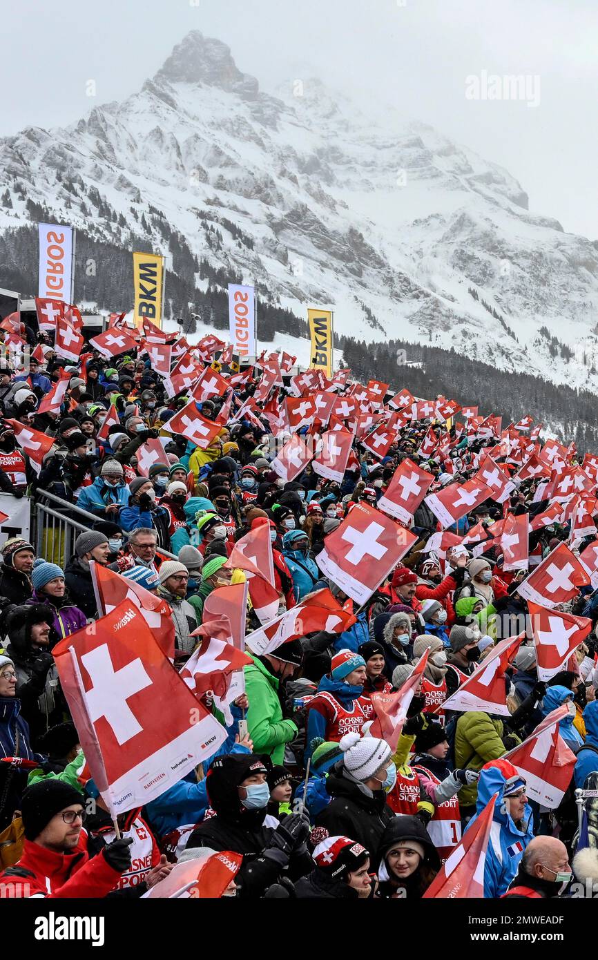 Swiss fans with flags, Adelboden, Switzerland Stock Photo - Alamy