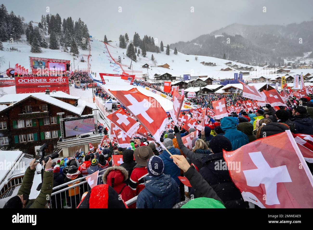 Swiss fans with flags, Adelboden, Switzerland Stock Photo - Alamy