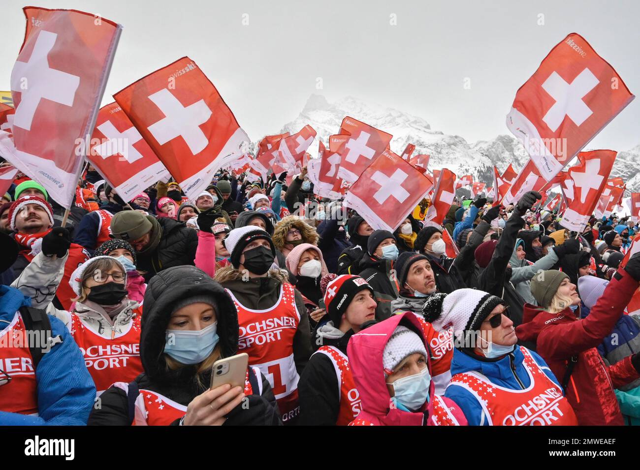 Swiss fans with flags, Adelboden, Switzerland Stock Photo - Alamy