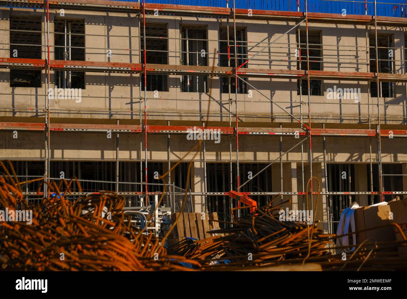 New house in scaffolding .Foundation and walls of the house in ...