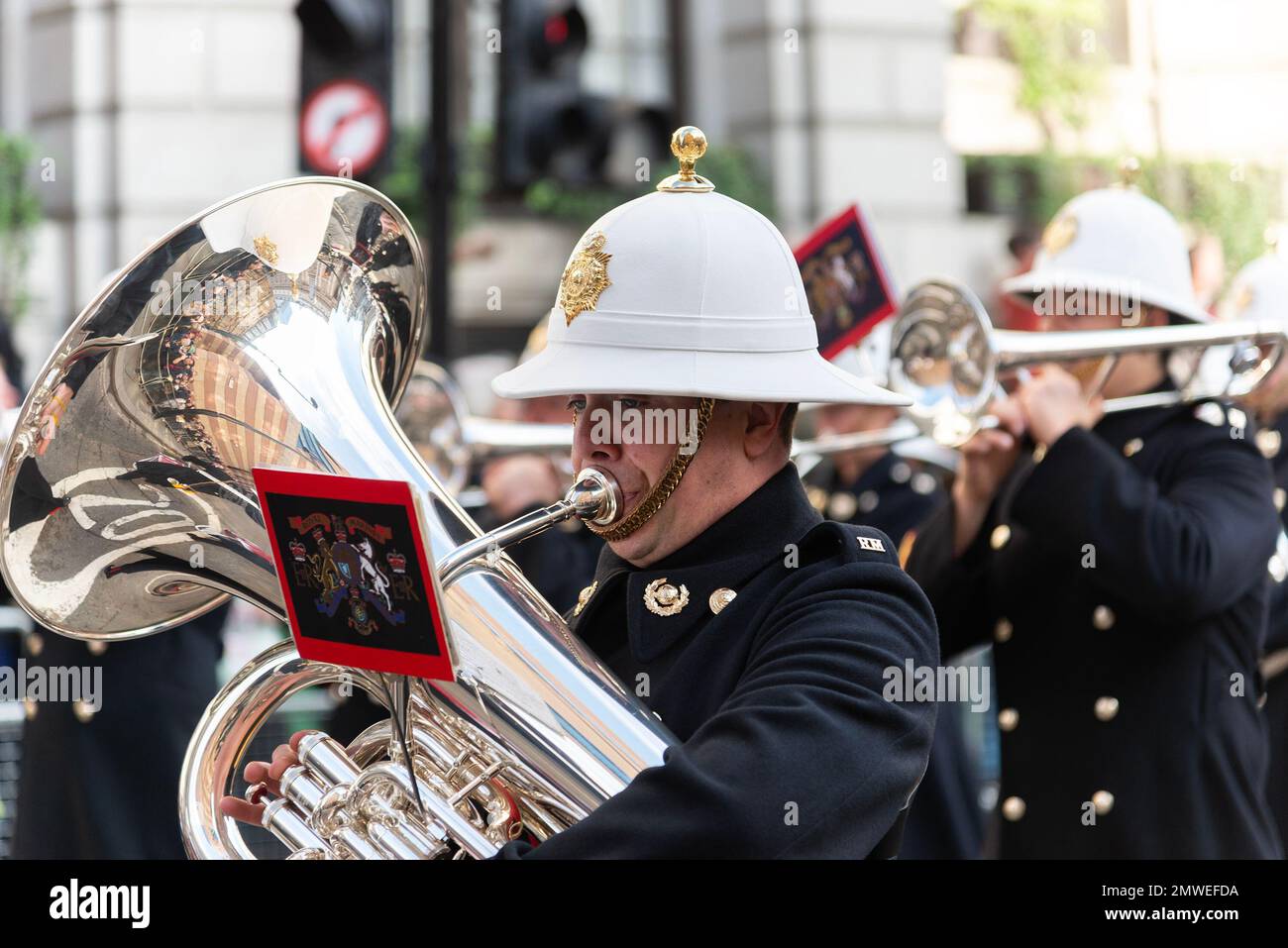 A closeup of the Royal Marine's band in Lord Mayor's Show in London, UK ...