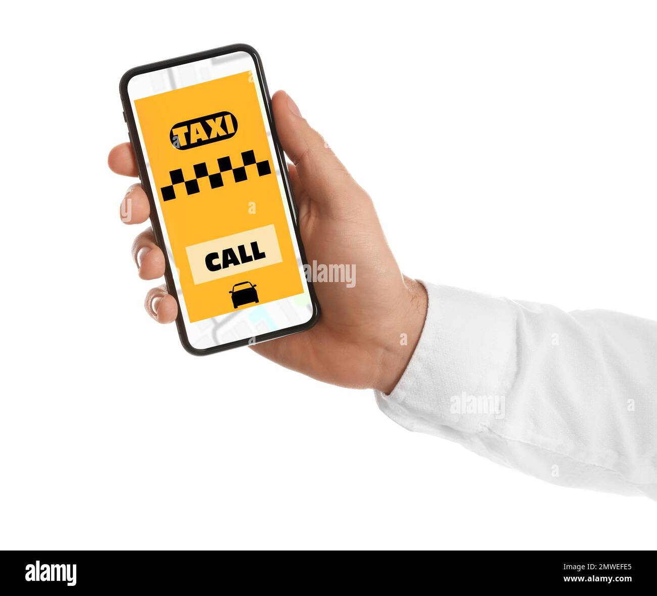 Man ordering taxi with smartphone on white background, closeup Stock ...