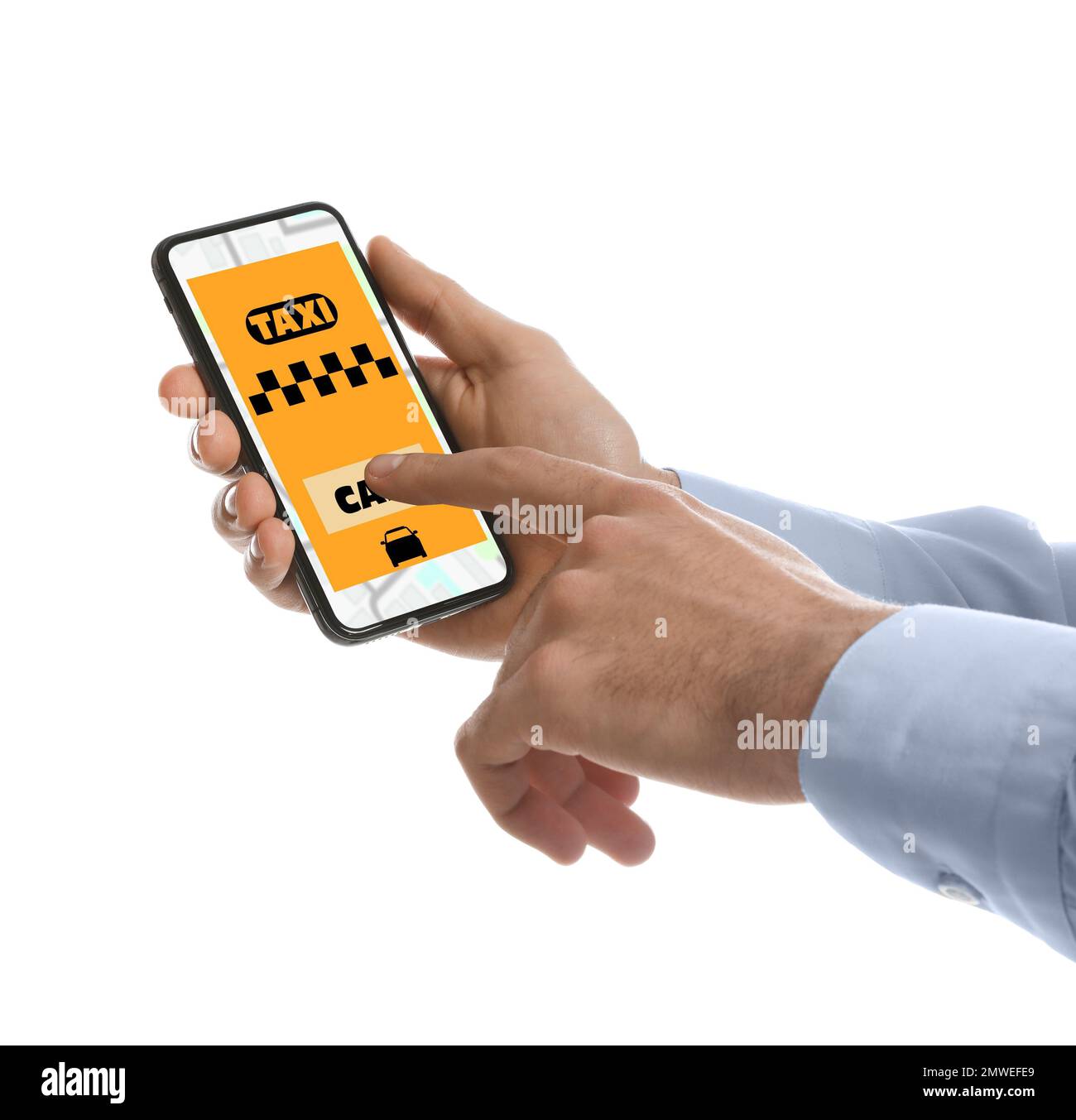 Man ordering taxi with smartphone on white background, closeup Stock ...