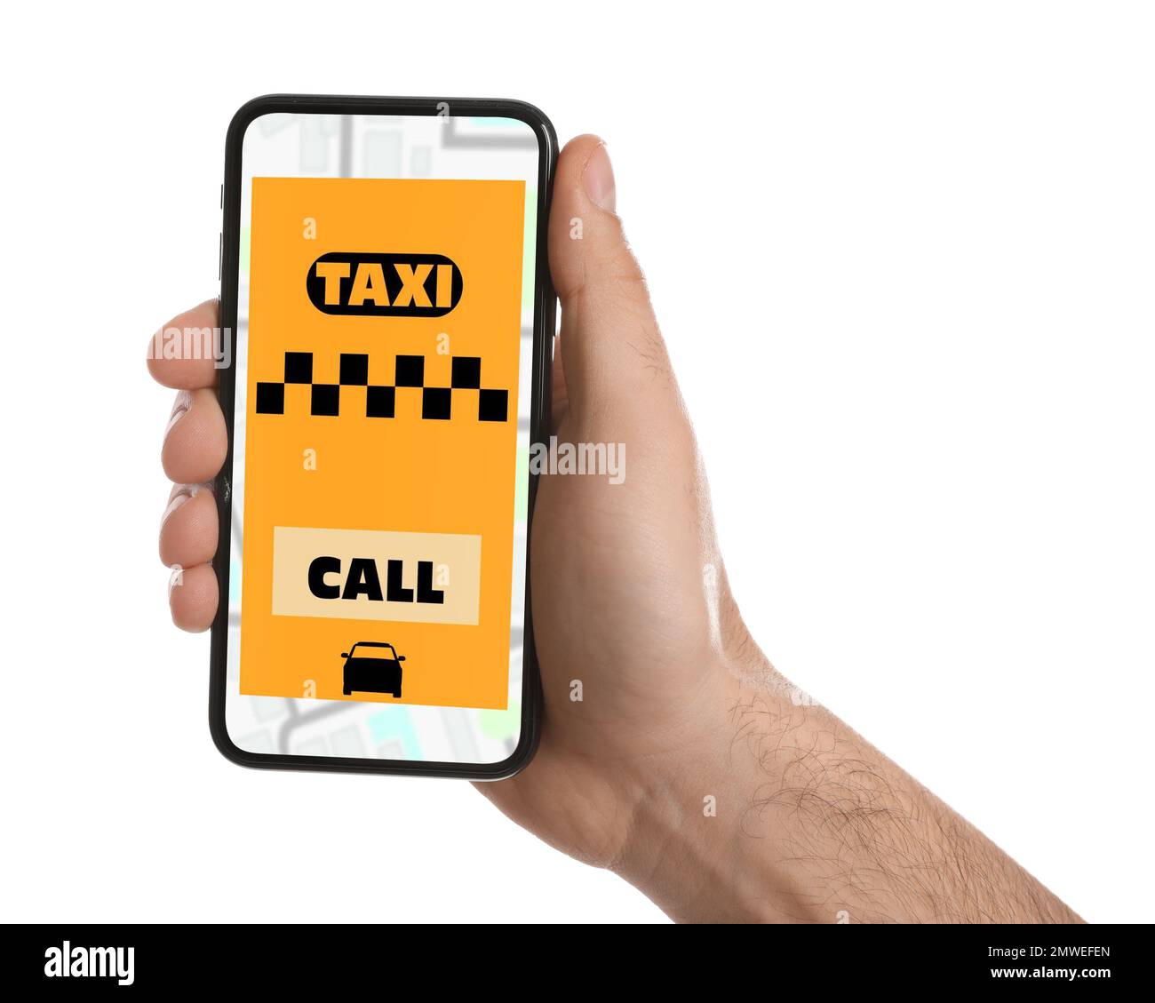 Man ordering taxi with smartphone on white background, closeup Stock ...