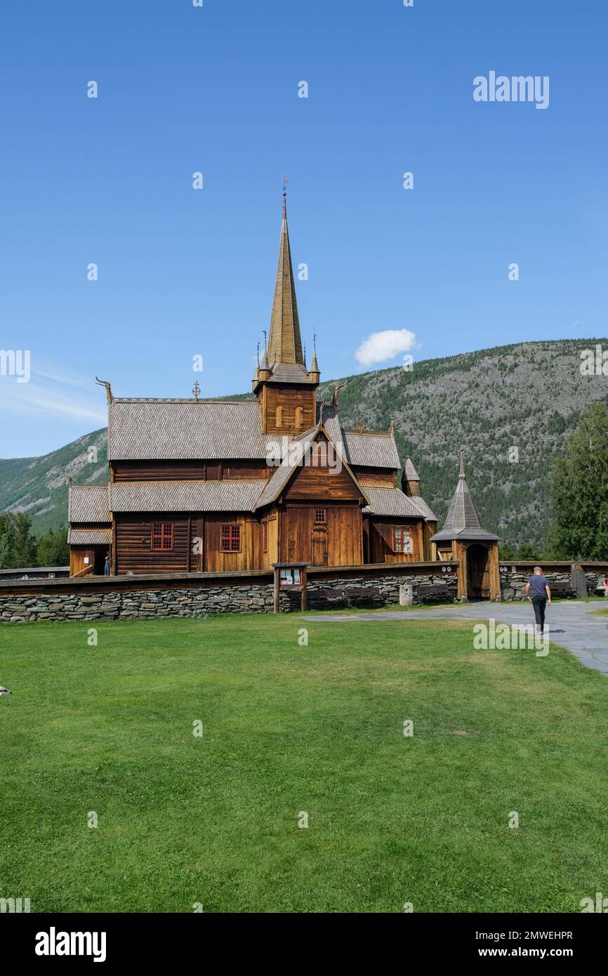 A vertical shot of the wooden Lom Stave church in Lom municipality ...