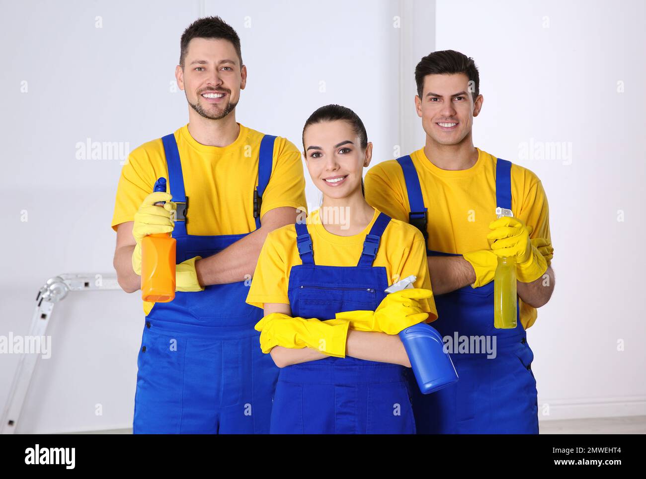 Team of professional janitors with cleaning supplies indoors Stock ...