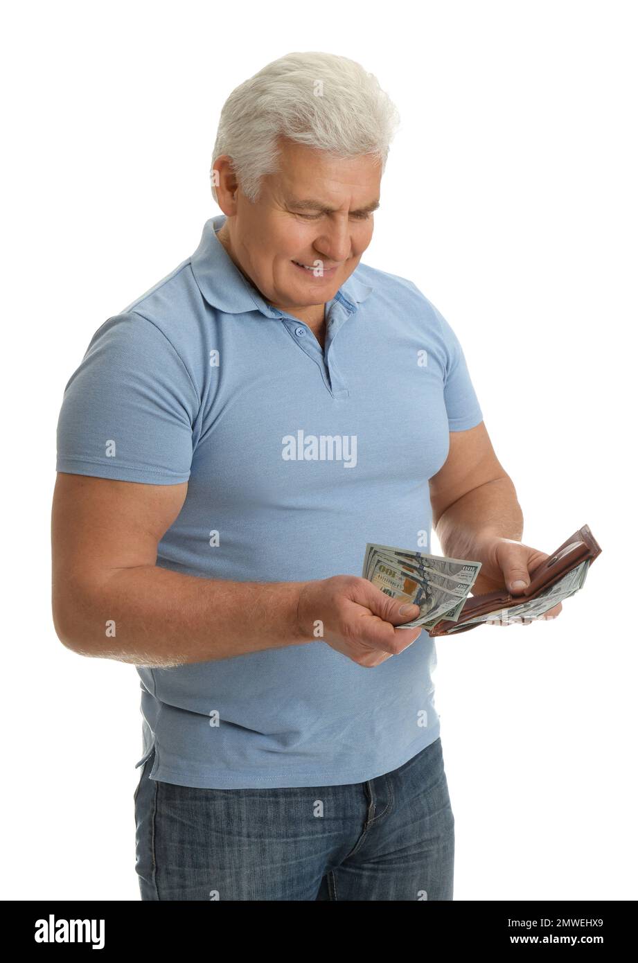 Happy senior man with cash money and wallet on white background Stock ...