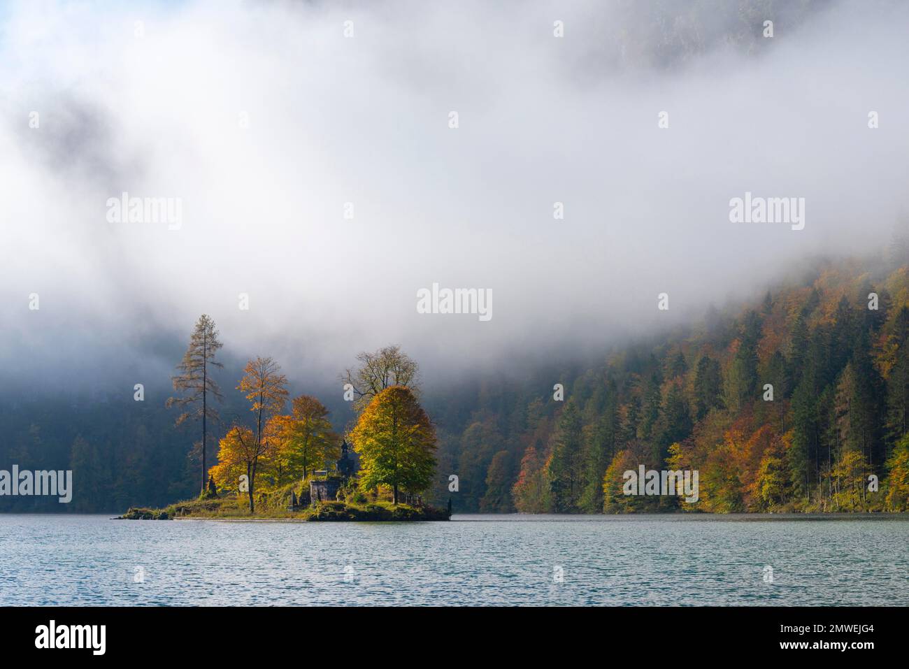 Christlieger Island with statue of St. John Nepomuk, Koenigssee ...