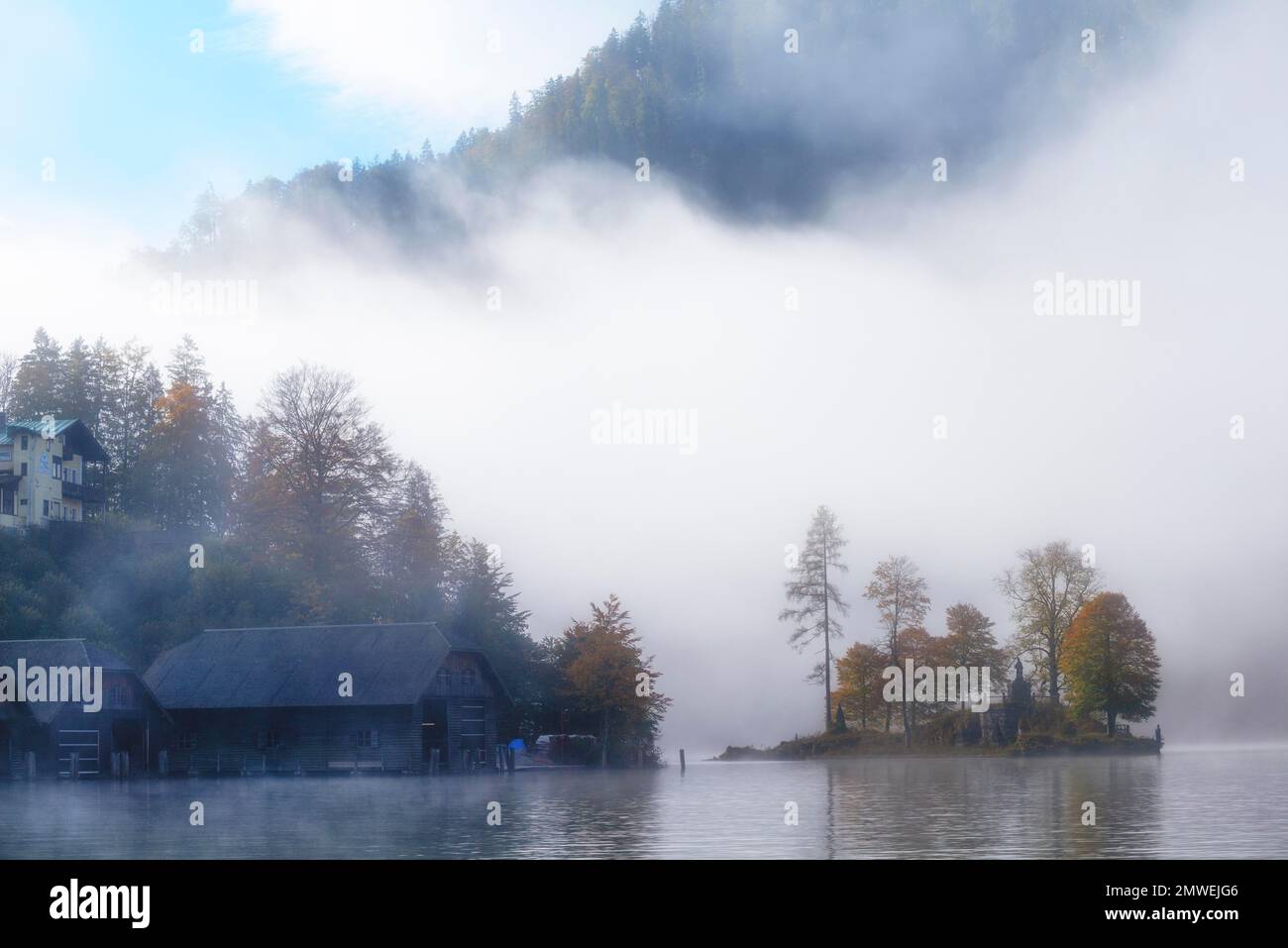 Christlieger Island with statue of St. John Nepomuk, Koenigssee ...