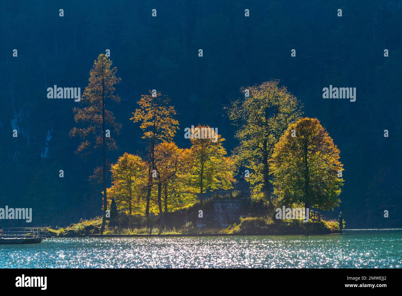 Christlieger Island with statue of St. John Nepomuk, Koenigssee ...