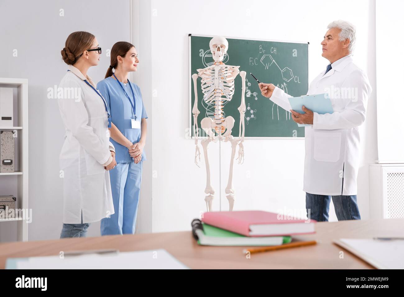 Medical students and professor studying human skeleton anatomy in ...