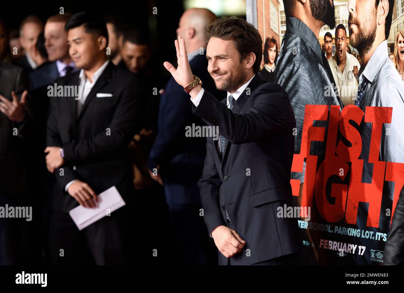 Charlie Day, a cast member in "Fist Fight," waves to photographers at ...