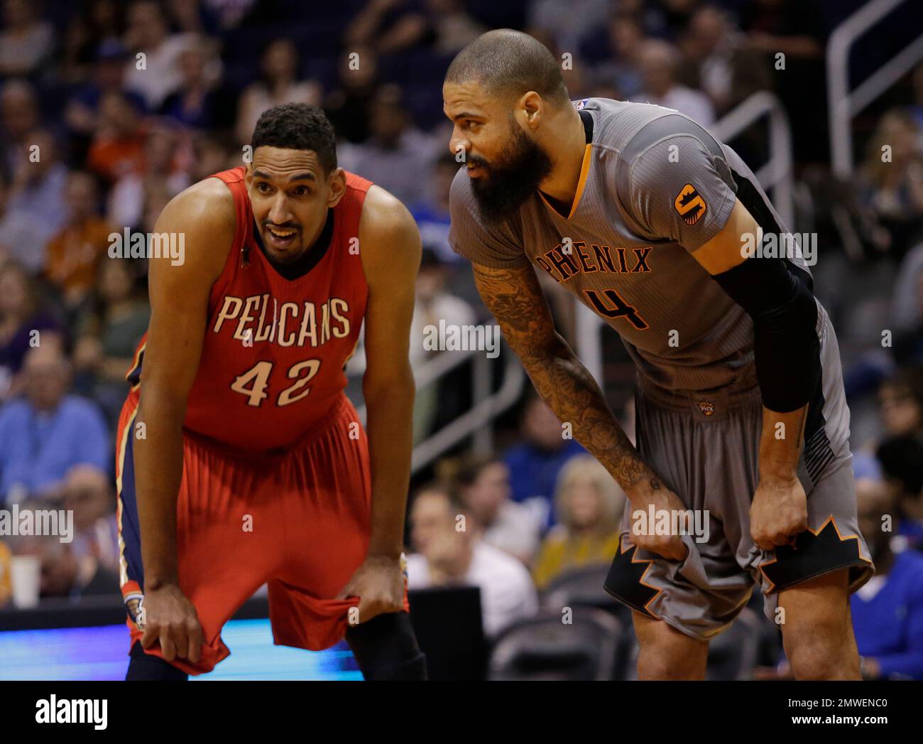 New Orleans Pelicans center Alexis Ajinca (42) and Phoenix Suns center ...
