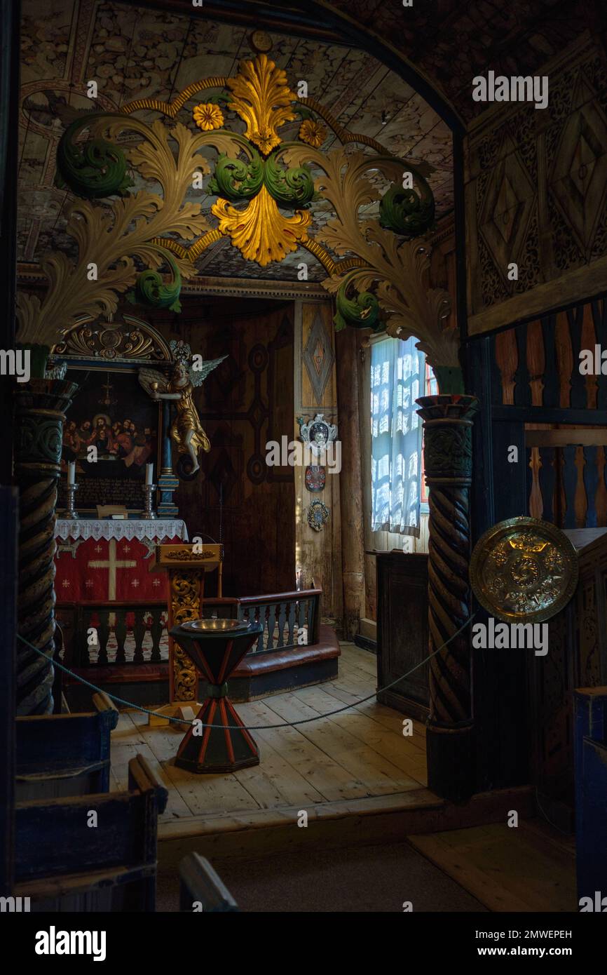 The Old Lom Stave Church from inside in summer Stock Photo - Alamy