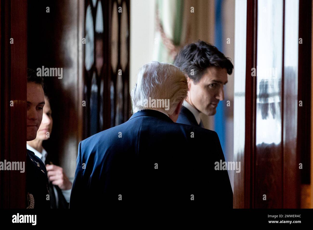 President Donald Trump, center, and Canadian Prime Minister Justin ...