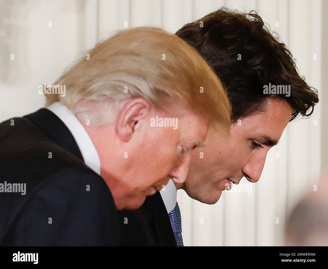 President Donald Trump and Canadian Prime Minister Justin Trudeau walks ...