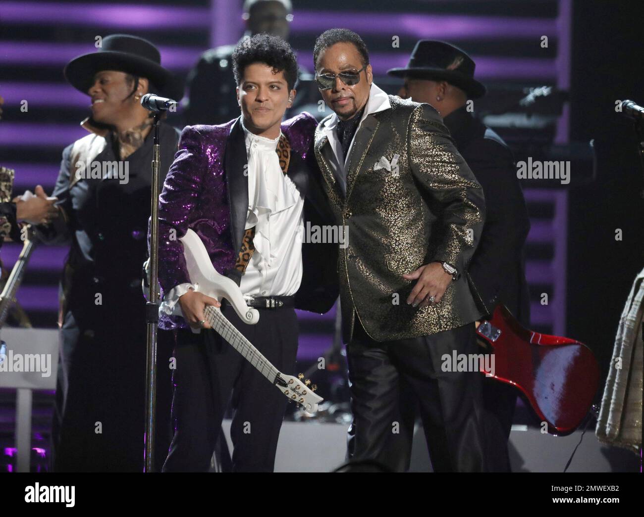 Bruno Mars, left, and Morris Day, of The Time, perform during a tribute ...