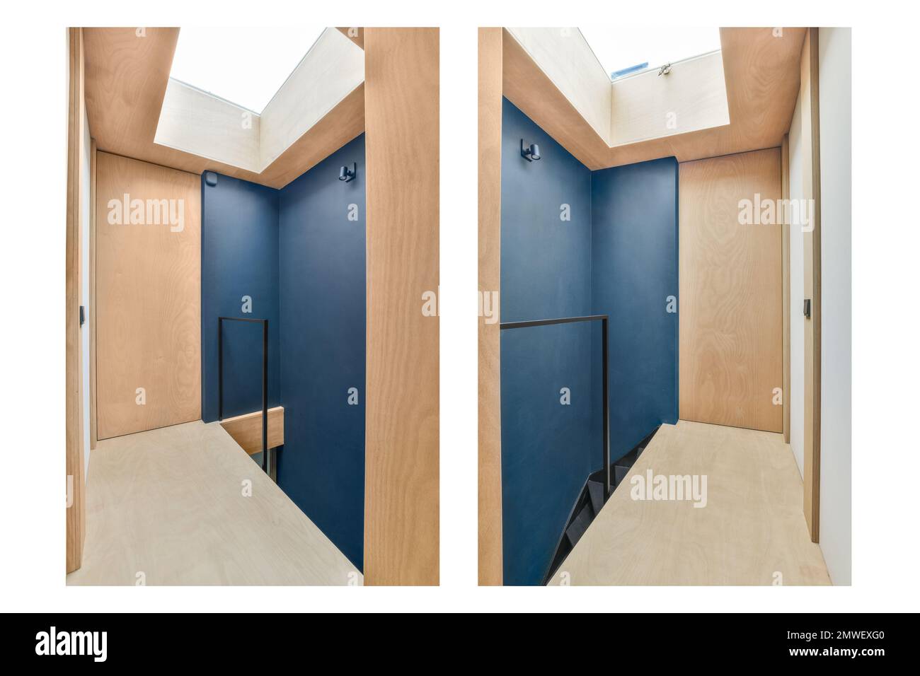 the inside and outside of a house with wood paneled walls, blue doors ...