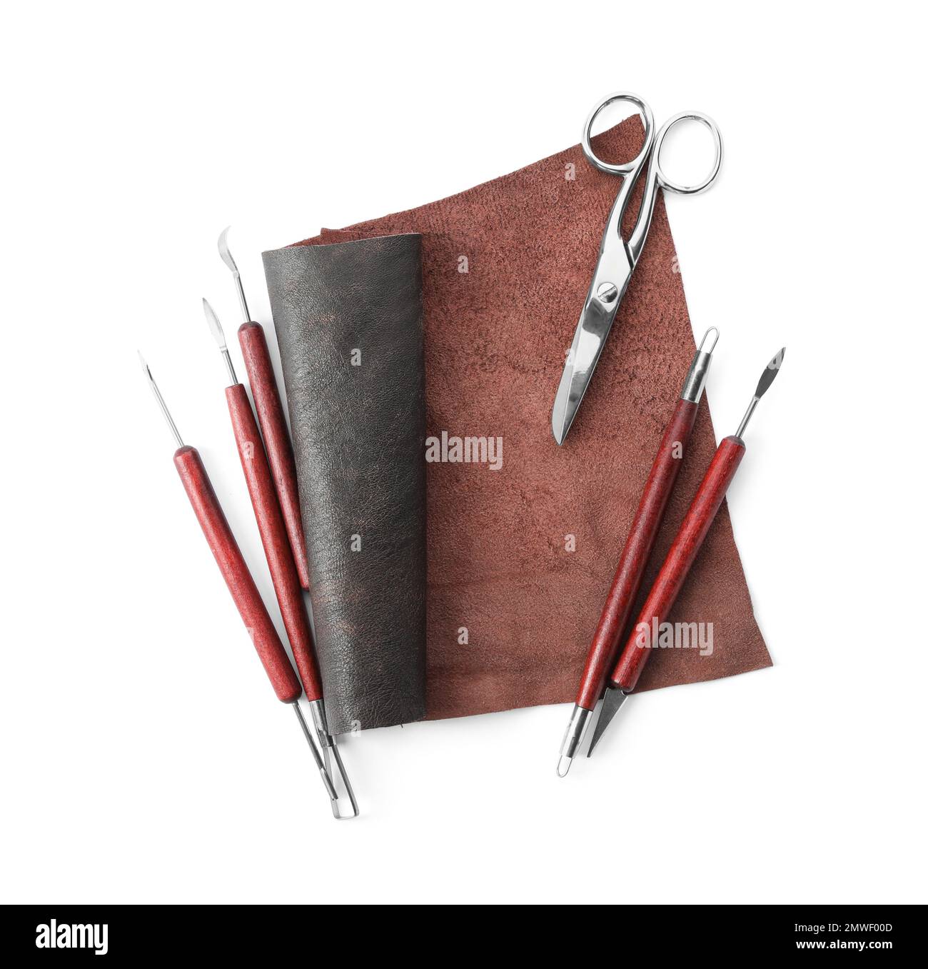 Leather sample and craftsman tools isolated on white, top view Stock ...