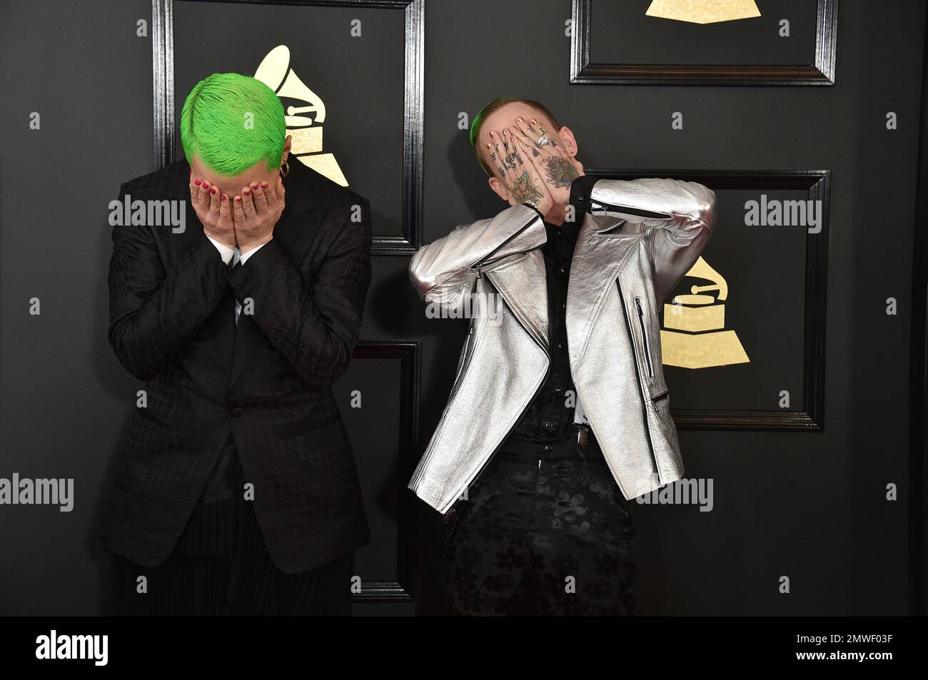 Mike Posner, left, and Blackbear arrive at the 59th annual Grammy ...
