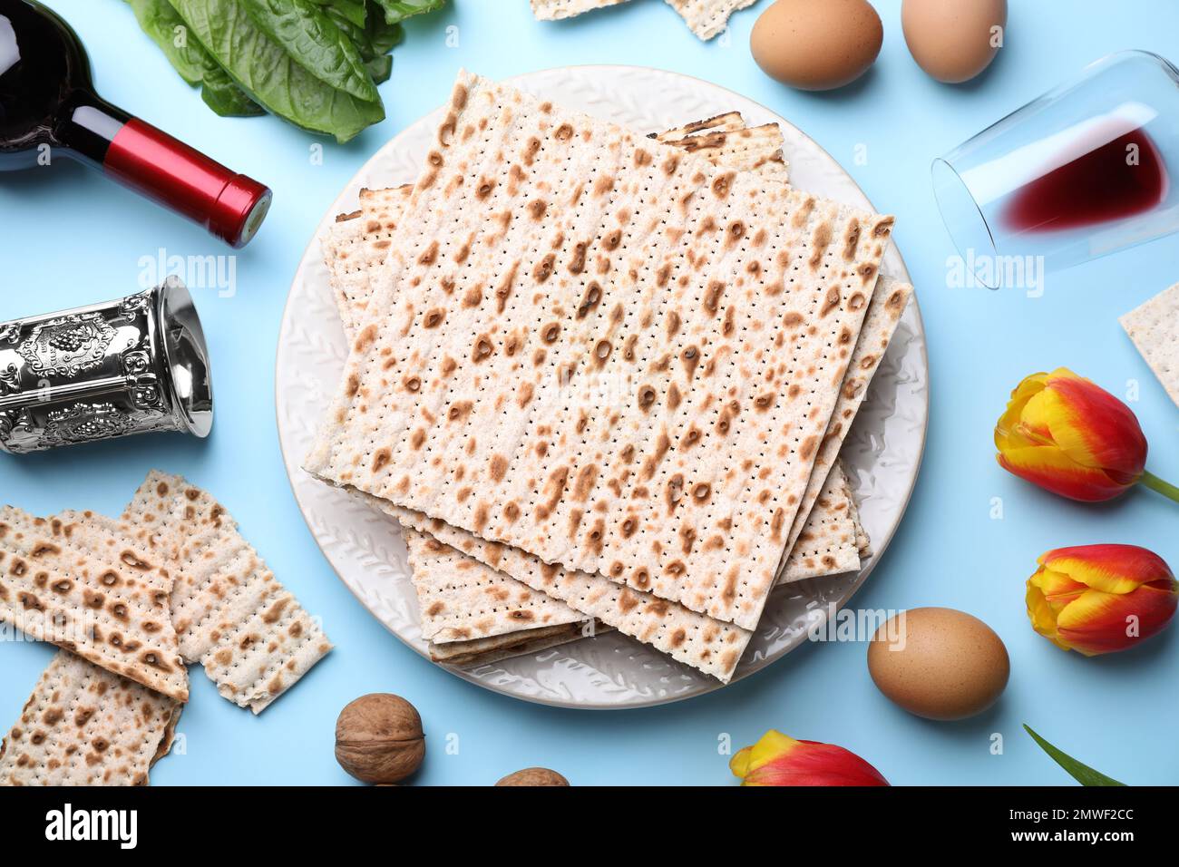 Flat lay composition with symbolic Pesach (Passover Seder) items on ...