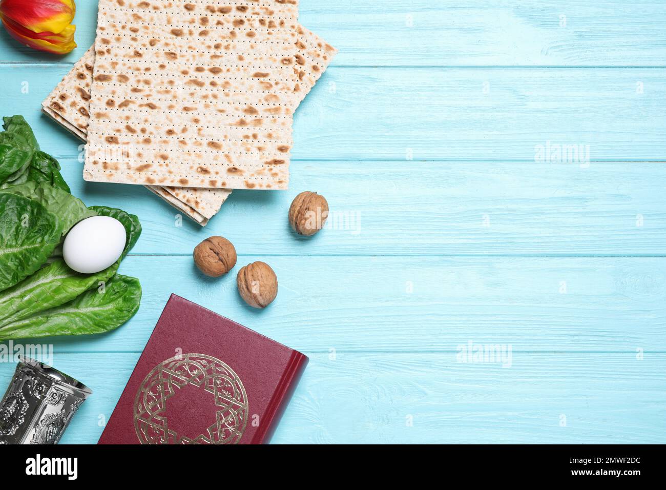 Flat lay composition with symbolic Pesach (Passover Seder) items on ...