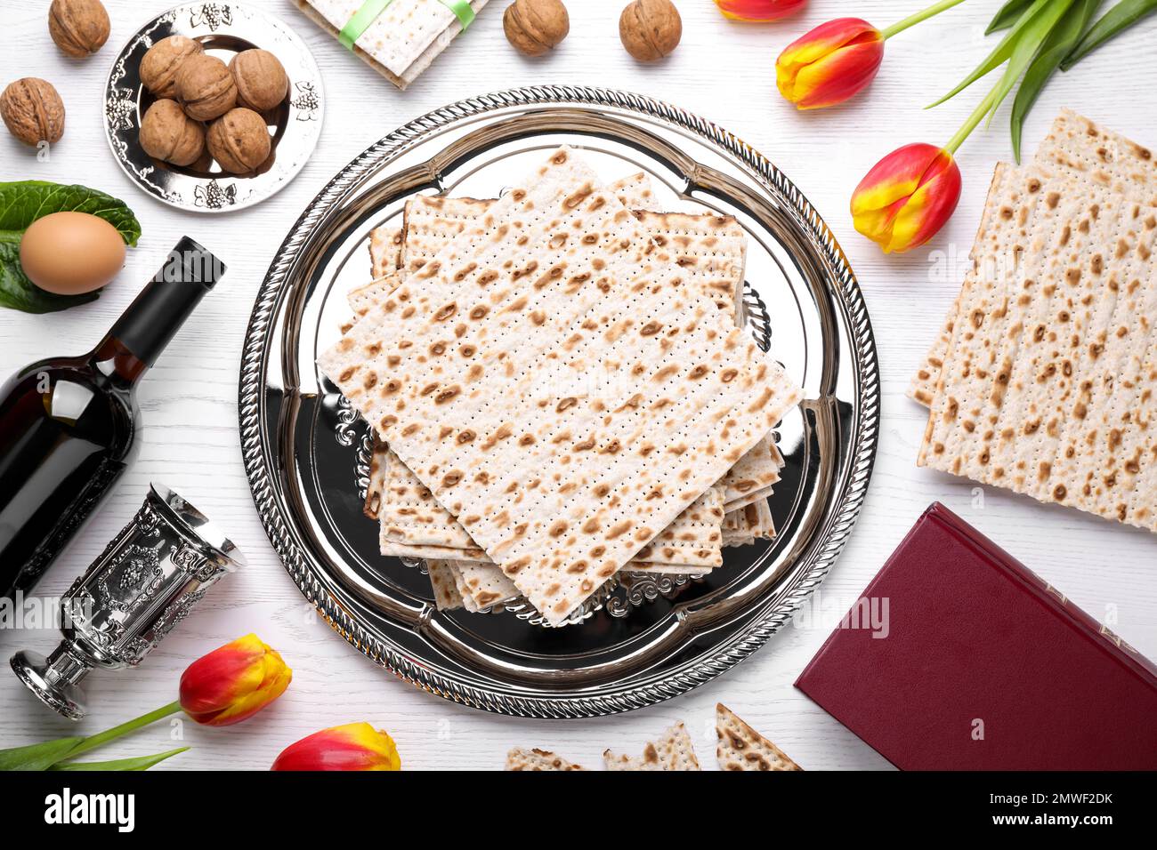 Flat lay composition with symbolic Pesach (Passover Seder) items on ...