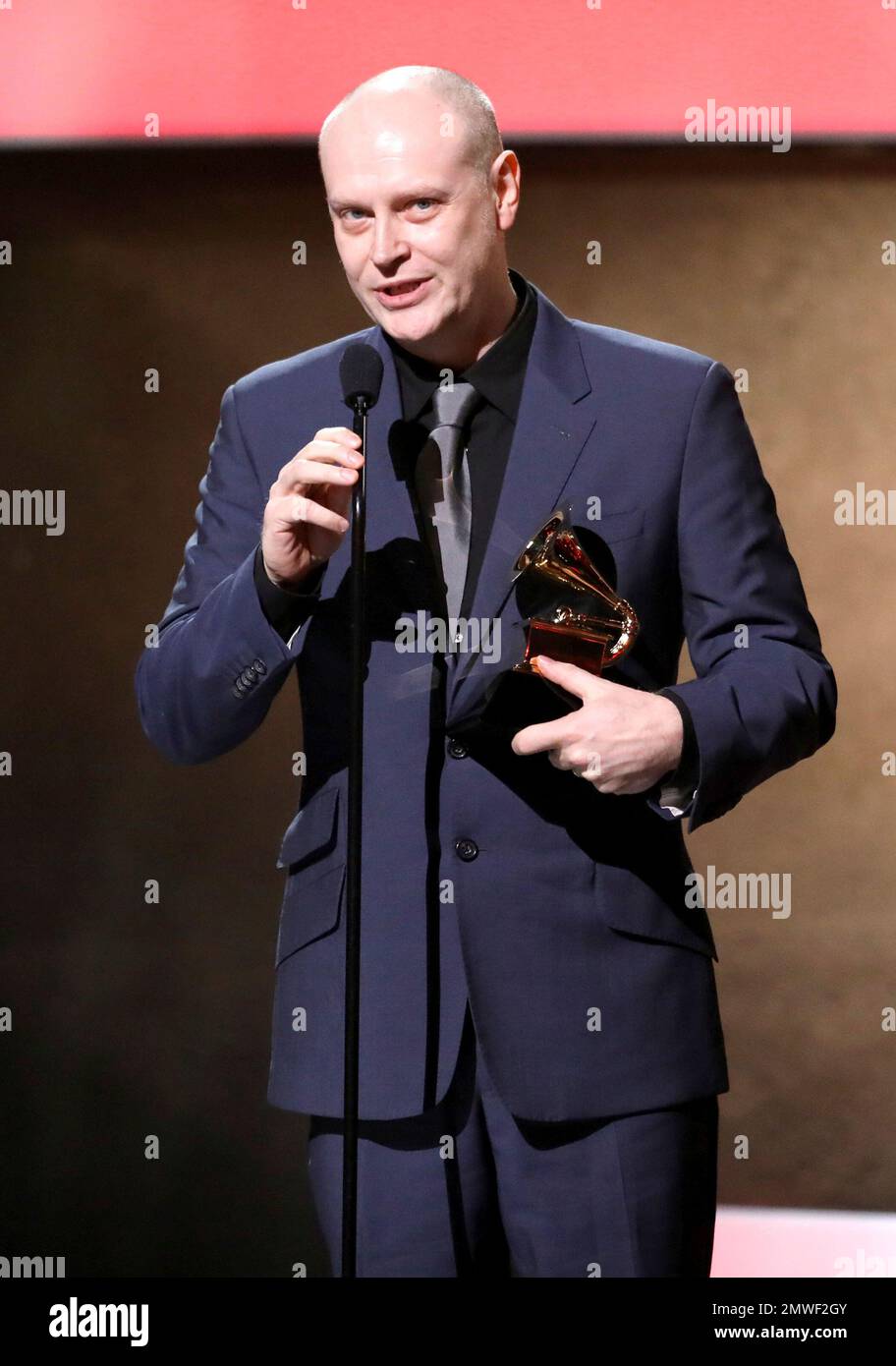 Jonathan Barnbrook accepts the award for best recording package for ...