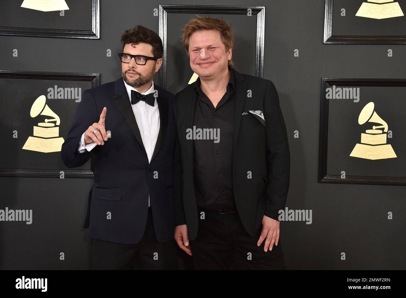 James Teej, left, and Timo Maas arrive at the 59th annual Grammy Awards ...